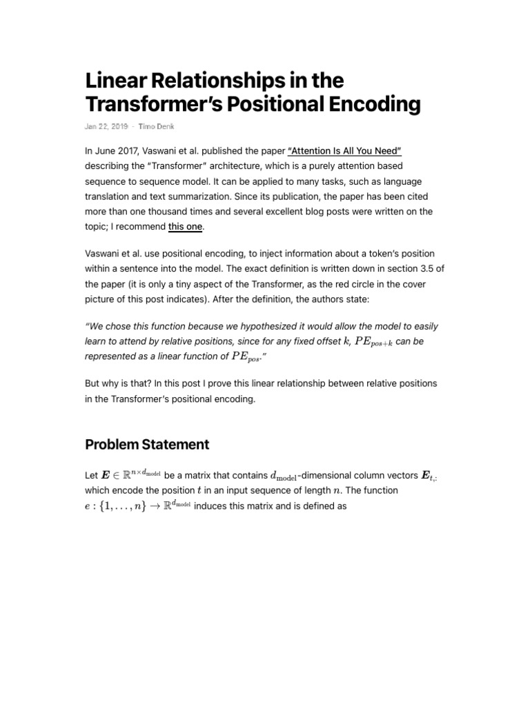 Linear Relationships in The Transformer's Positional Encoding - Timo Denk's Blog | PDF