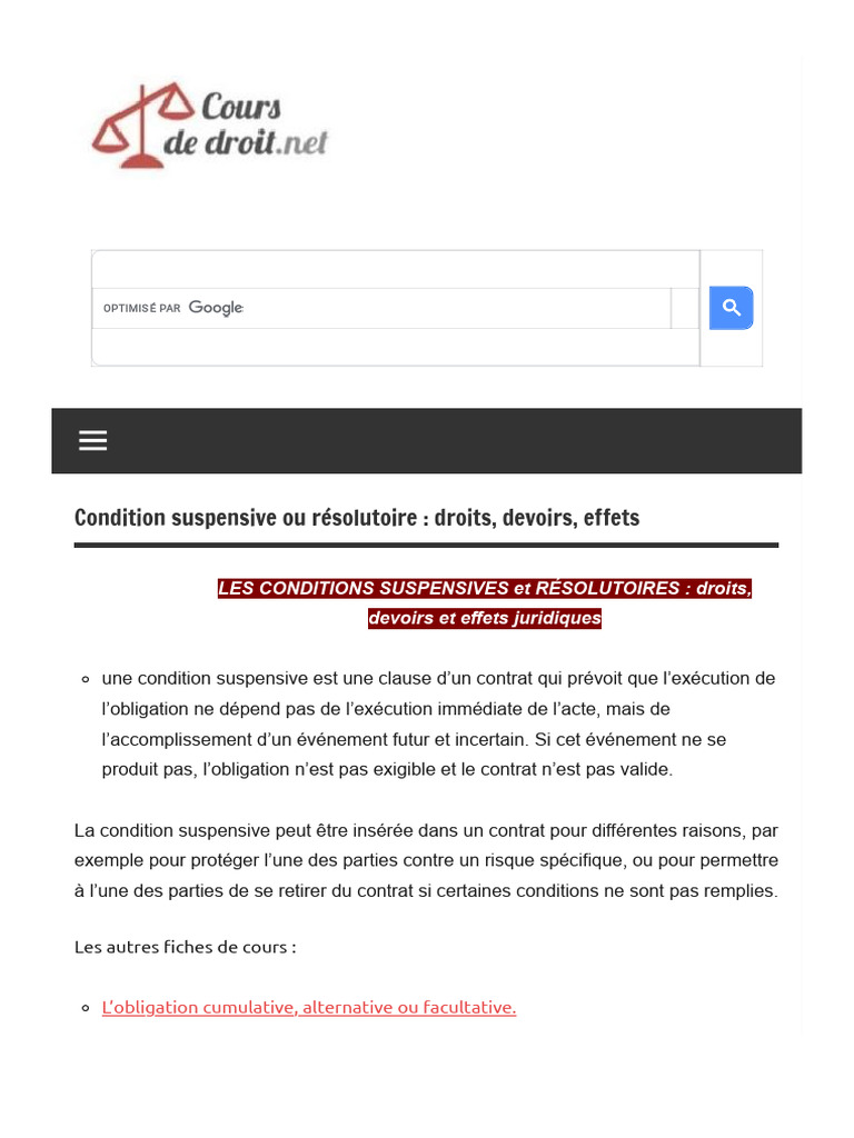 Condition Suspensive Ou Résolutoire - Droits, Devoirs, Effets Fiches ...