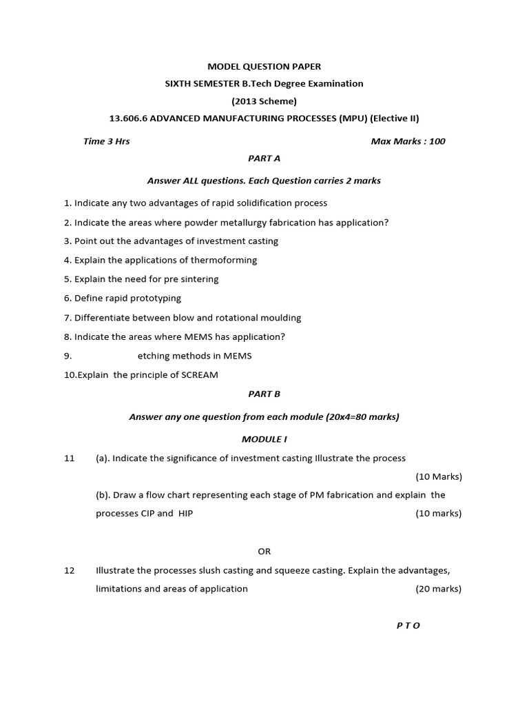 Advanced Manufacturing Process Question Paper | PDF | Industrial Processes | Teaching Methods ...
