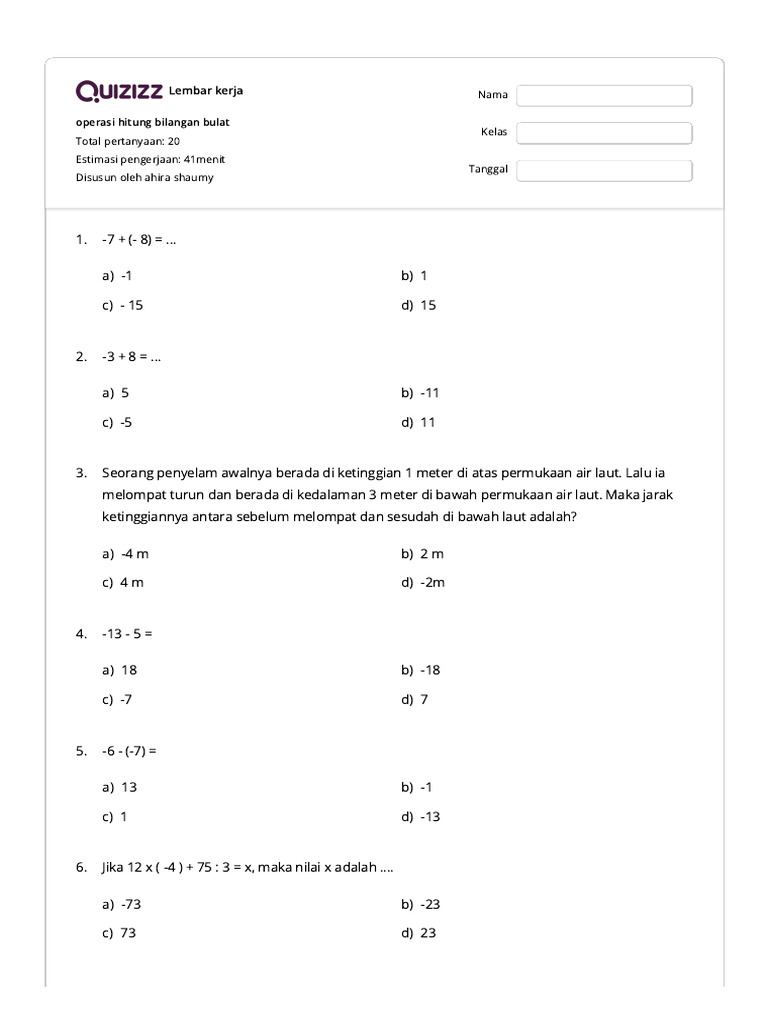 Quizizz - Operasi Hitung Bilangan Bulat | PDF