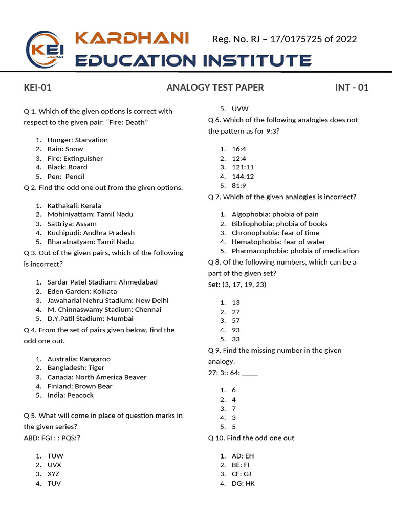 Analogy Test Paper | PDF