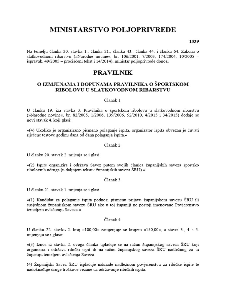 Pravilnik o Izmjenama I Dopunama Pravilnika o Sportskom Ribolovu U ...