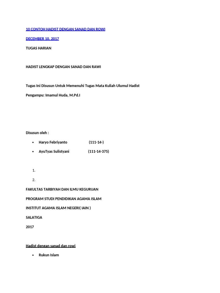 10 Contoh Hadist Dengan Sanad Dan Rowi | PDF