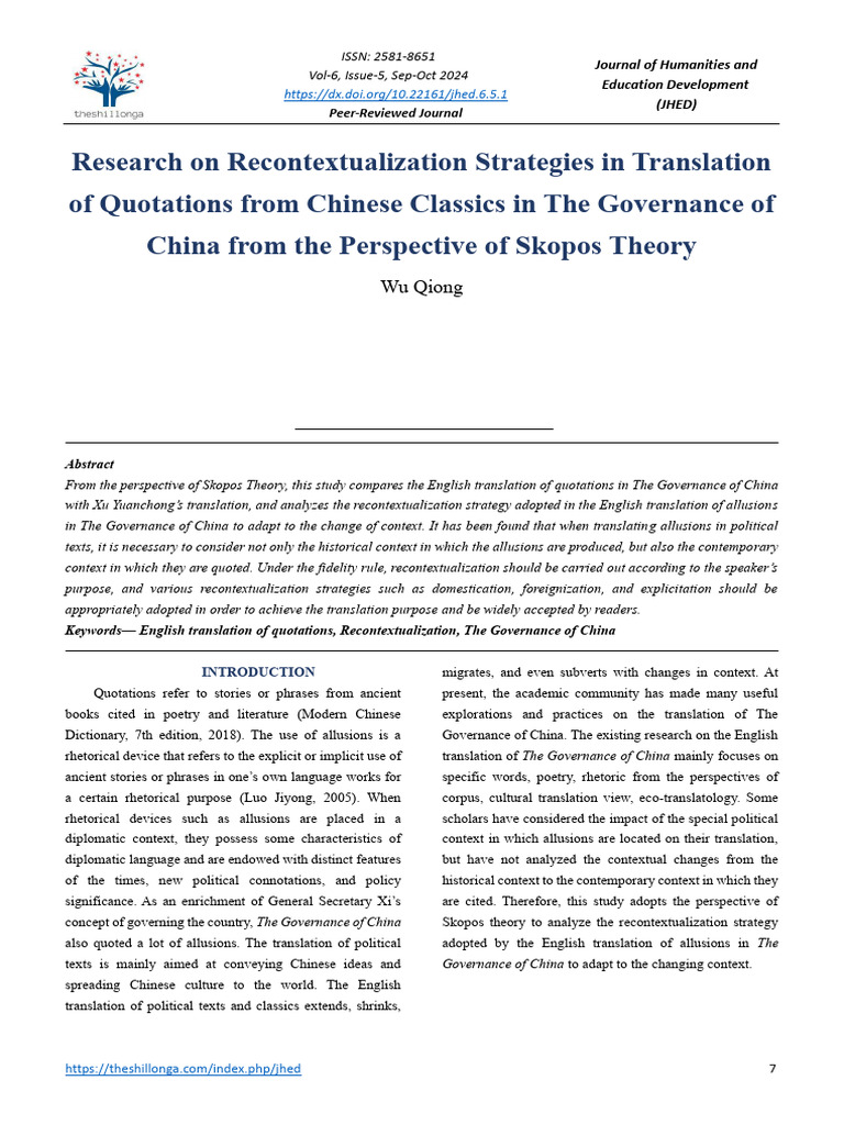 Research On Recontextualization Strategies in Translation of Quotations ...