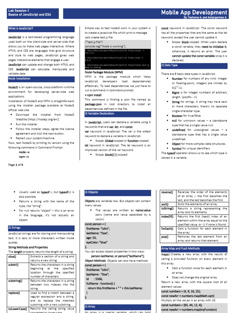 Mobile Computing Lab Session 1 Basics of JavaScript and ES6 | PDF