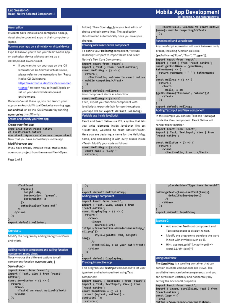 Mobile Computing Lab Session 5 React Native Selected Component I | PDF