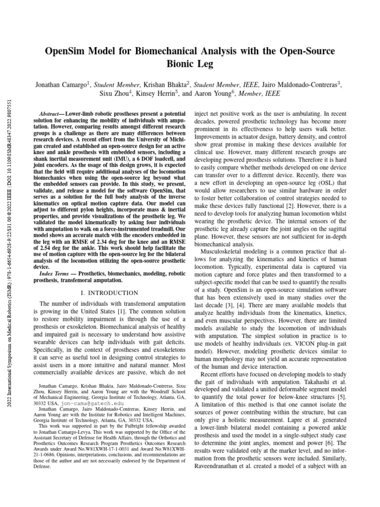 OpenSim Model For Biomechanical Analysis With The Open-Source Bionic Leg | PDF
