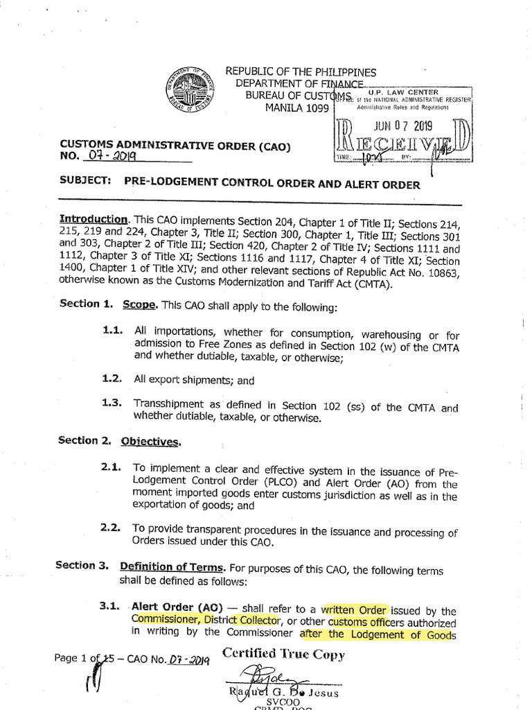 CAO-07-2019-Pre-Lodgement Control Order and Alert Order | PDF