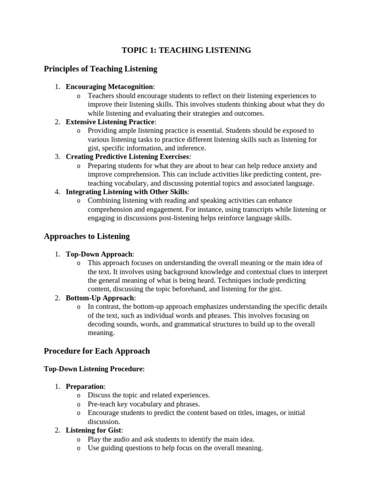 Outline, Teaching Listening | PDF | Reading Comprehension | Career & Growth