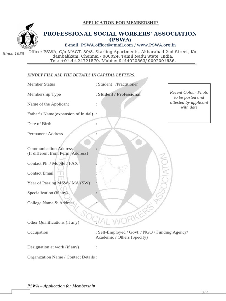 PSWA Membership Application Form | PDF | Identity Document | Government ...