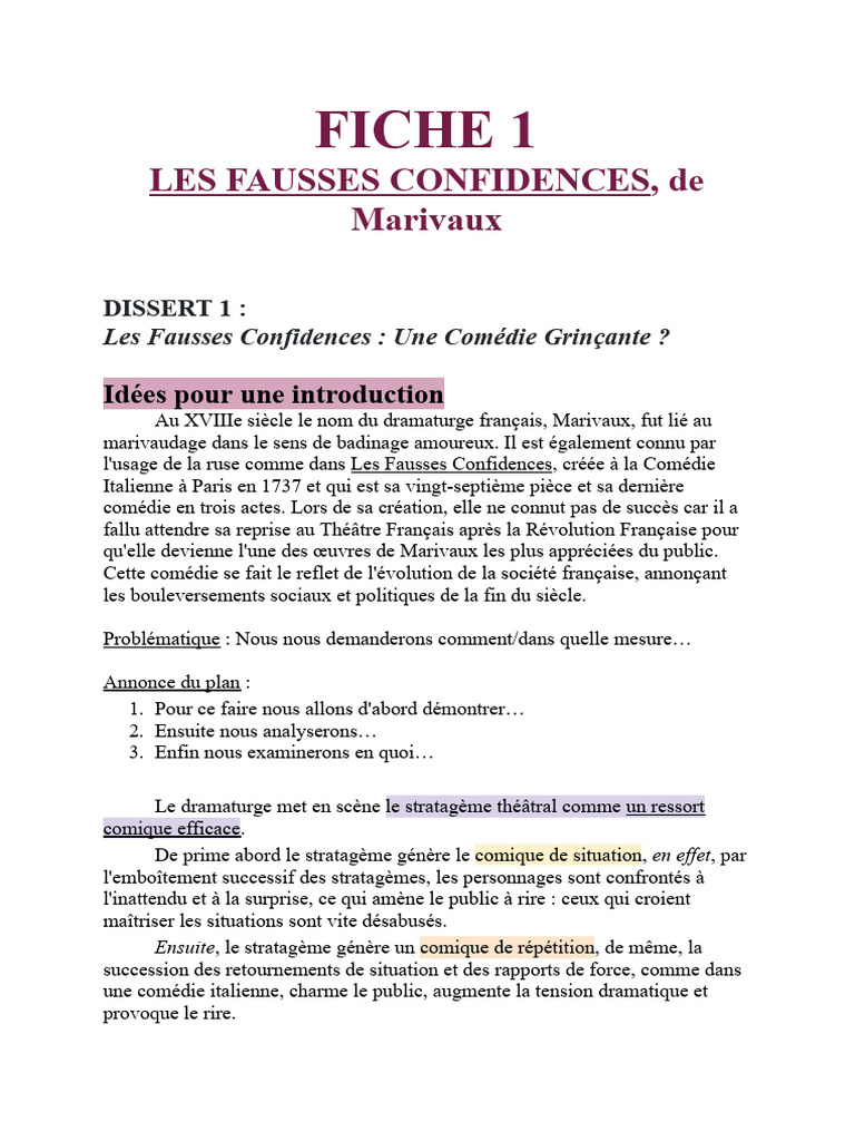 Fiche 1 - Les Fausses Confidences | PDF