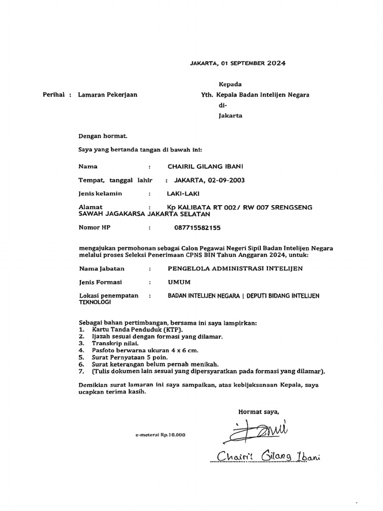 Surat Lamaran Bin Chairil | PDF