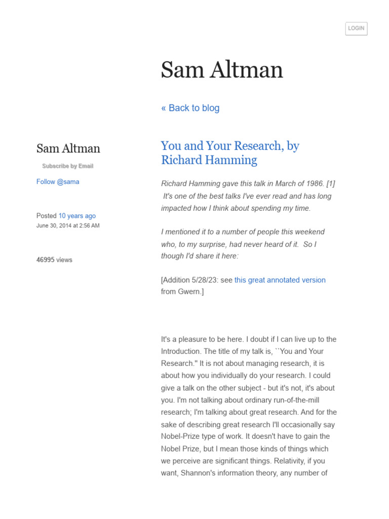 You and Your Research, by Richard Hamming - Sam Altman | PDF