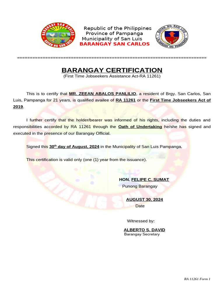 RA 11261 Form 1 - Barangay Certification FIRST TIME JOB SEEKER (AutoRecovered) | PDF