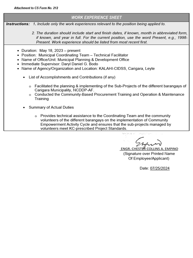 CS Form No. 212 Attachment - Work Experience Sheet | PDF