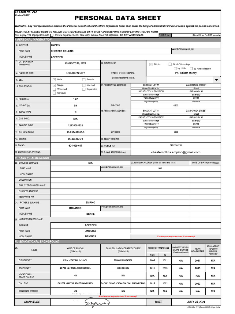 CS Form No. 212 Personal Data Sheet Revised | PDF