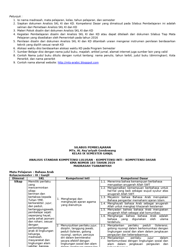Silabus Bahasa Arab Kelas Ix Semester Ganjil | PDF