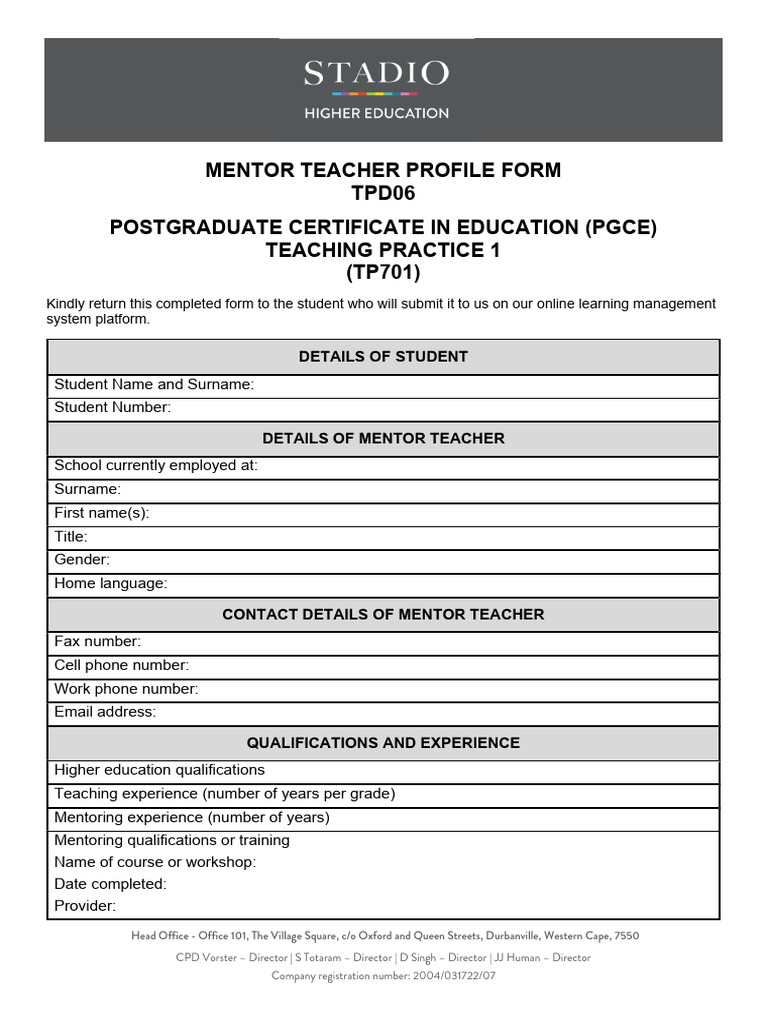 Mentor Teacher Profile Form | PDF | Teachers