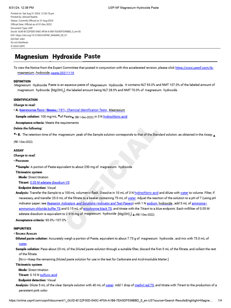 USP-NF Magnesium Hydroxide Paste | PDF | Titration | Chemistry