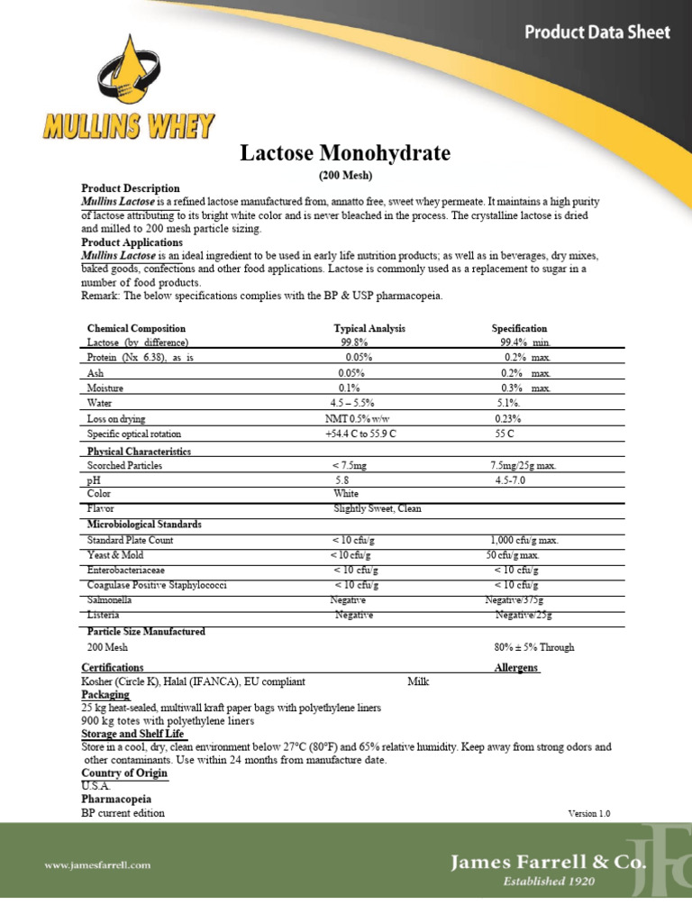 Mullins-200 Mesh Lactose Data Sheet V.1 2 | PDF