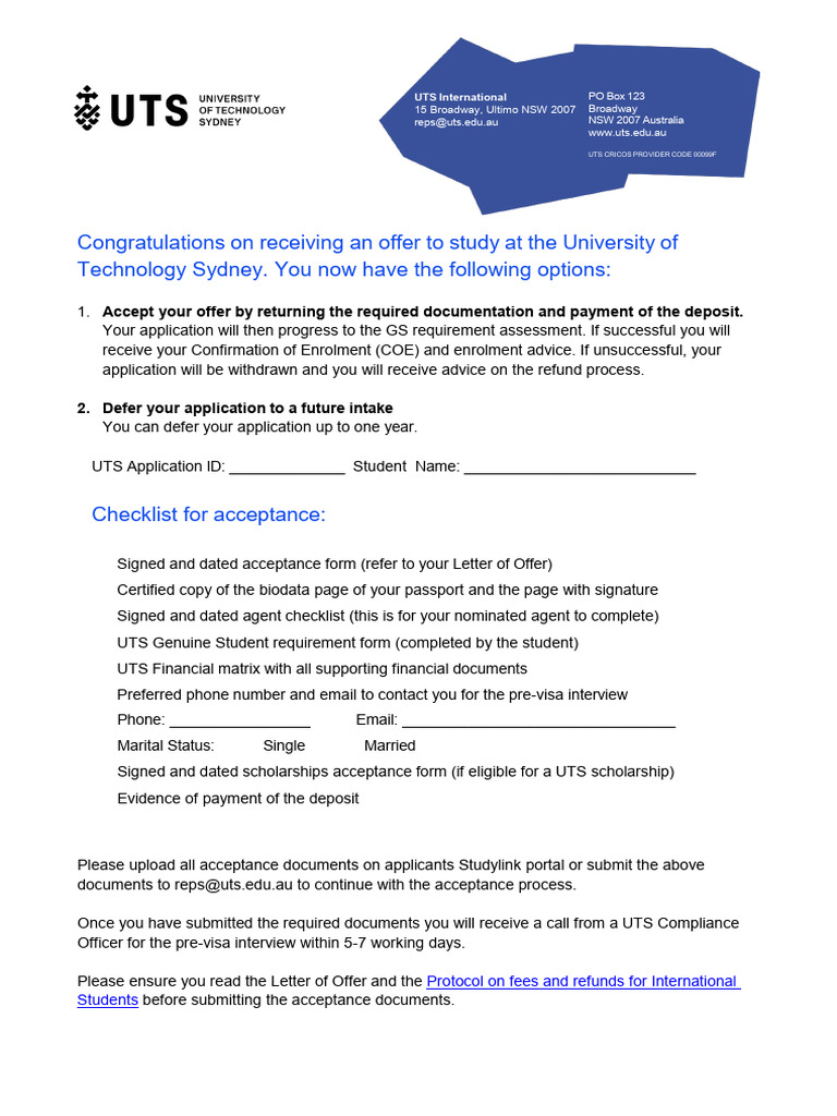 UTS Pre Visa Interview South Asia Checklist - 2024 | PDF