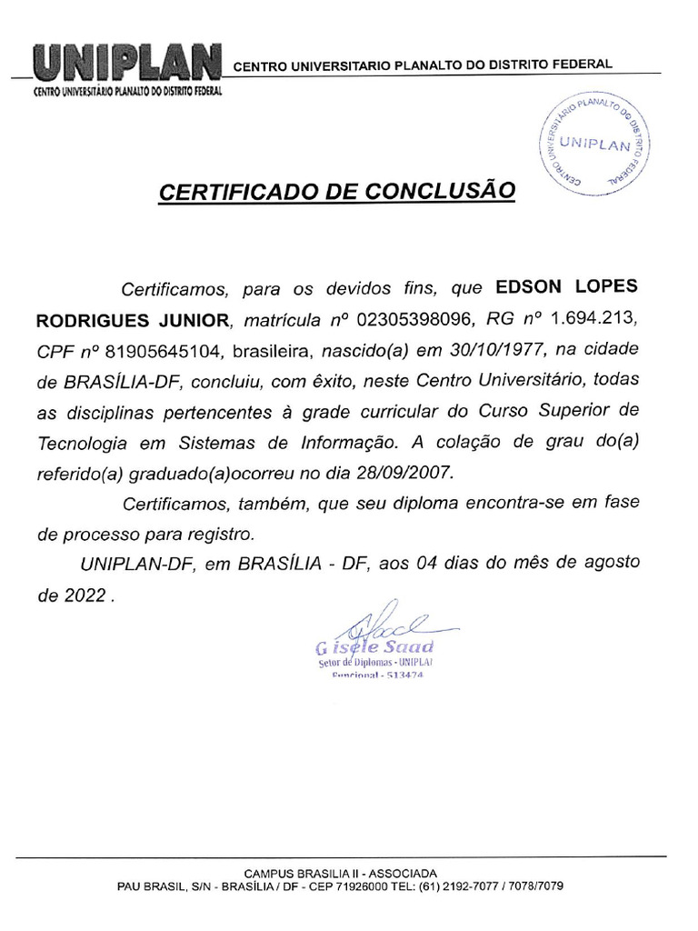 Certificado UNIPLAN | PDF