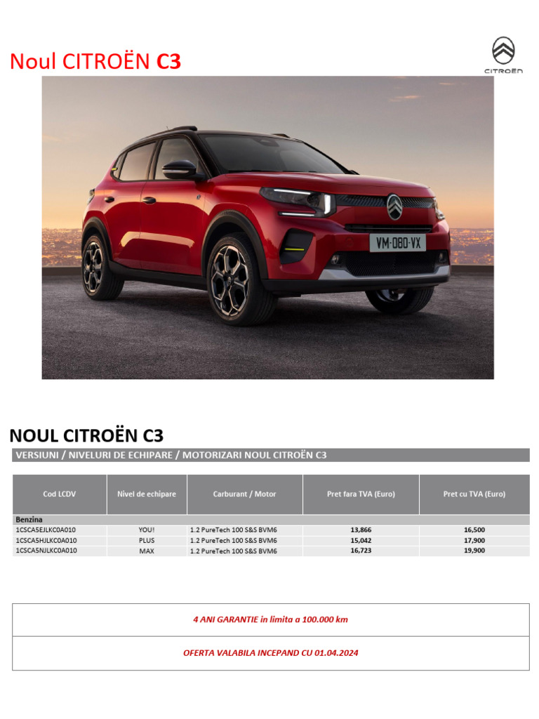 Noul Citroen C3 Lista de Preturi 04 2024 | PDF