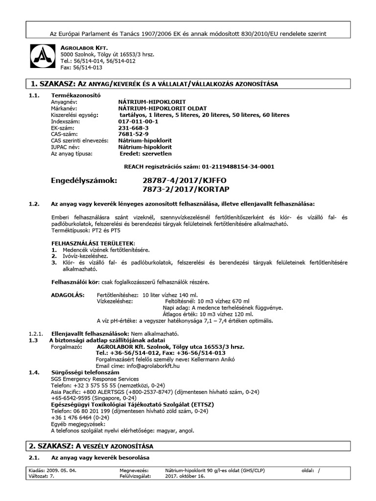 Natrium Hipoklorit Biztonsagi Adatlap | PDF