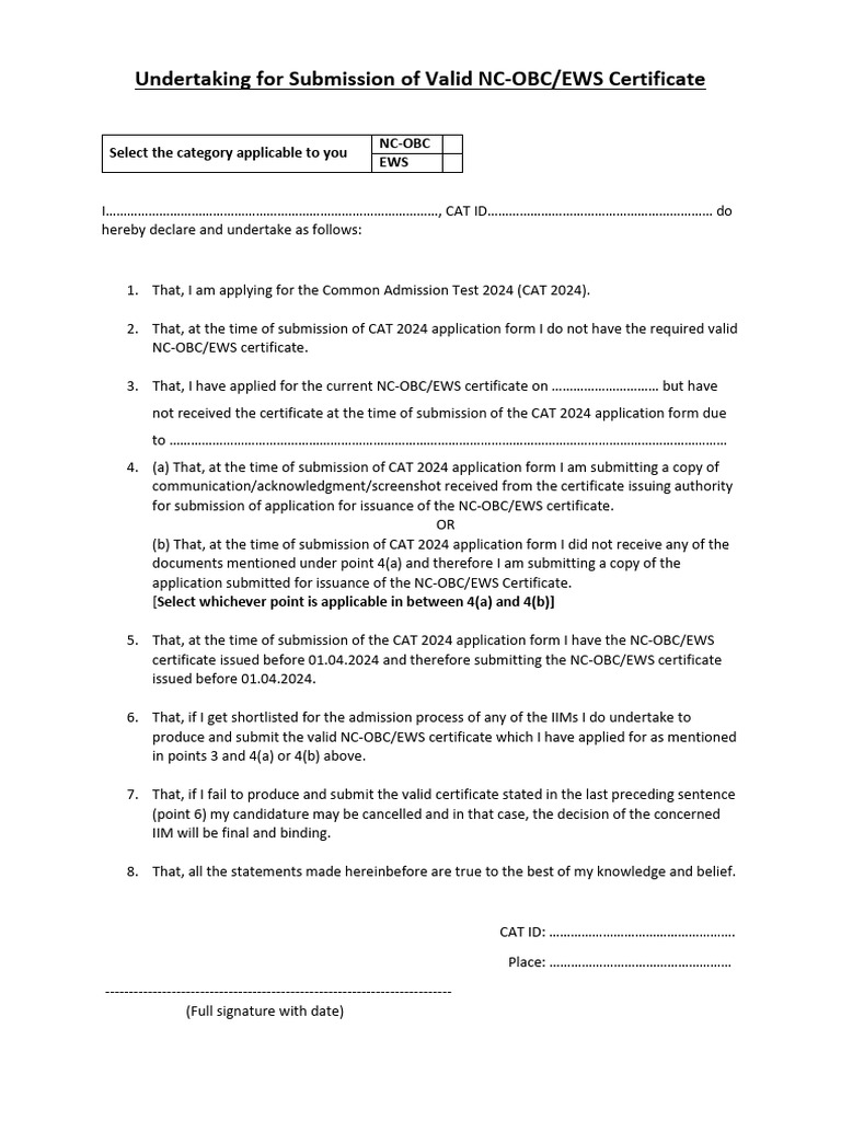Undertaking NC OBC and EWS Certificate | PDF