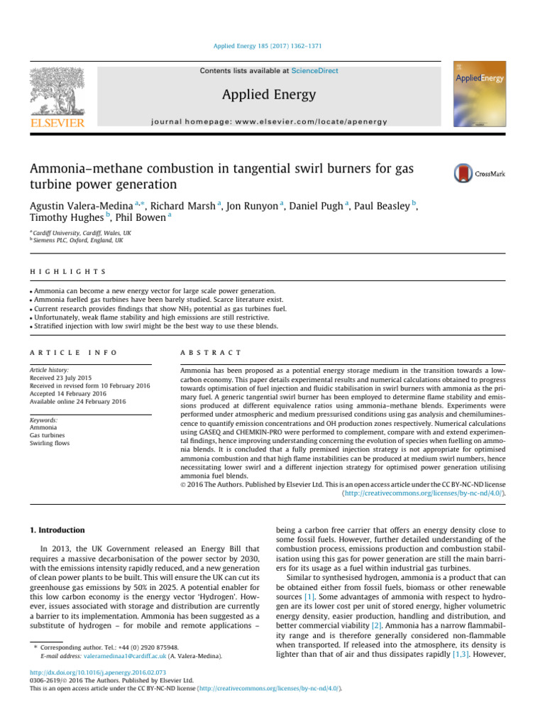 Ammonia-Methane Combustion in Tangential Swirl Burners For Gas Turbine Power Generation | PDF