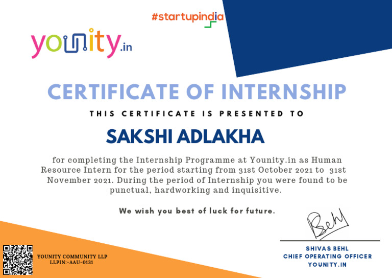 Internship Certificate from Younity.in | PDF