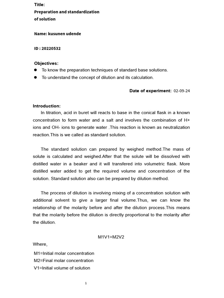 Lab Report Preparation of Standard Solution | PDF