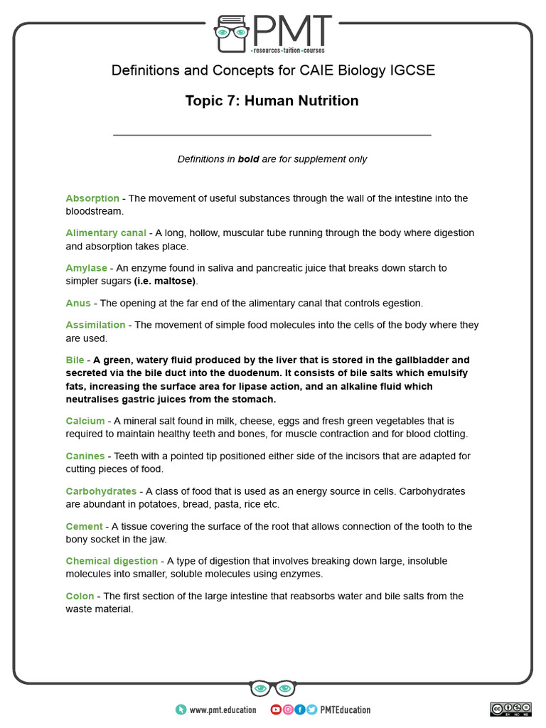 Definitions - Topic 7 Human Nutrition - CAIE Biology IGCSE | PDF