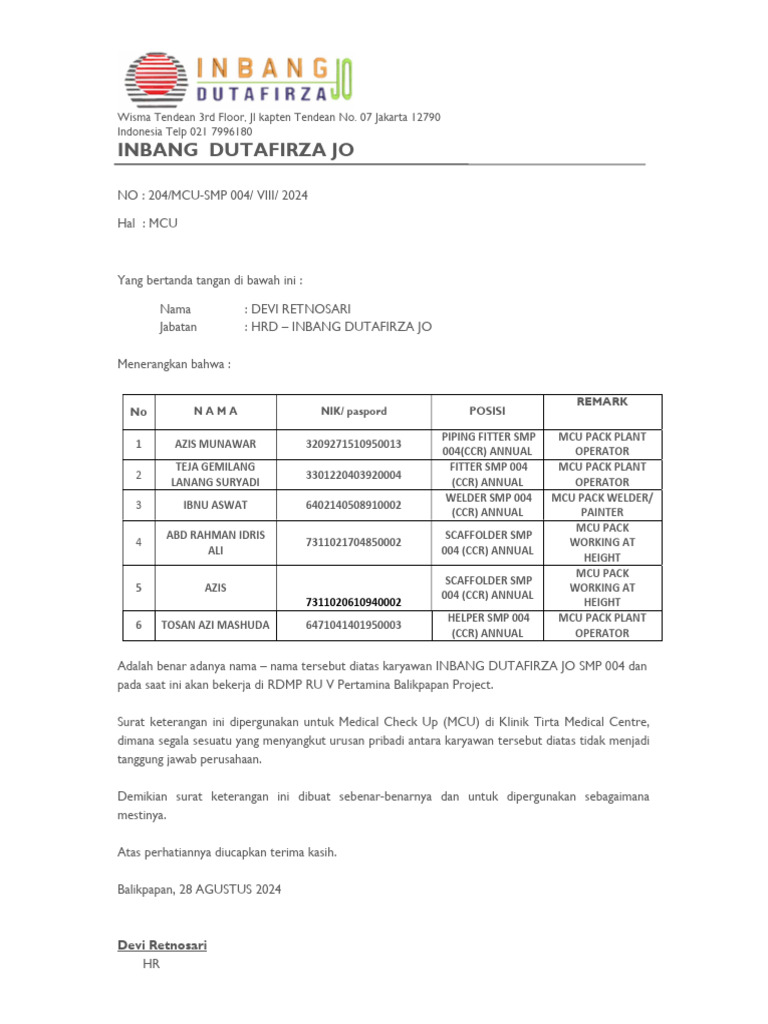 Surat Pengantar Mcu Inbang Dutafirza Jo SMP 004 28 Agustus 2024 | PDF