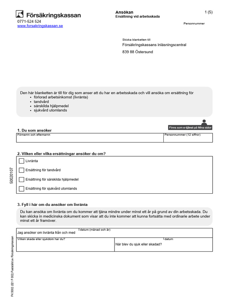 5002 Ansok Om Ersattning Vid Arbetsskada | PDF