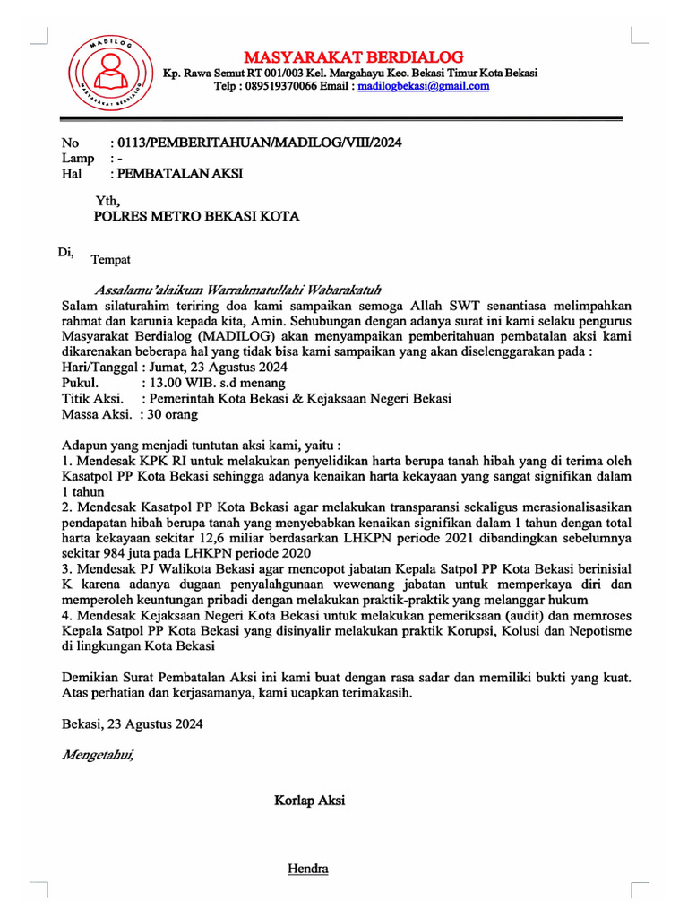 Surat Pembatalan Aksi | PDF