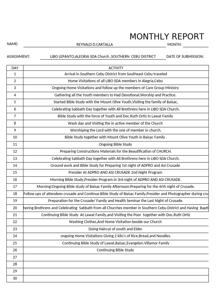 Adventist Mission Monthly Report Form | PDF