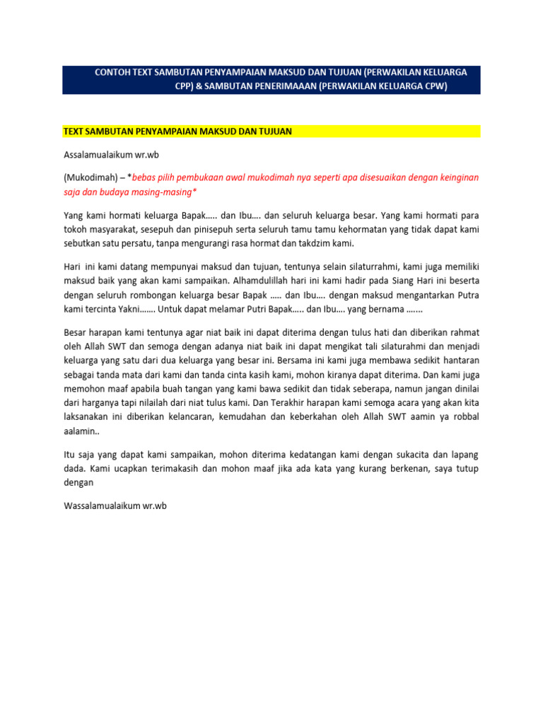 Contoh Text Sambutan Penyerahan & Penerimaan (Lamaran) | PDF