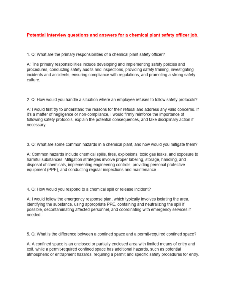 Chemical Plant Safety Officer Interview QA | PDF