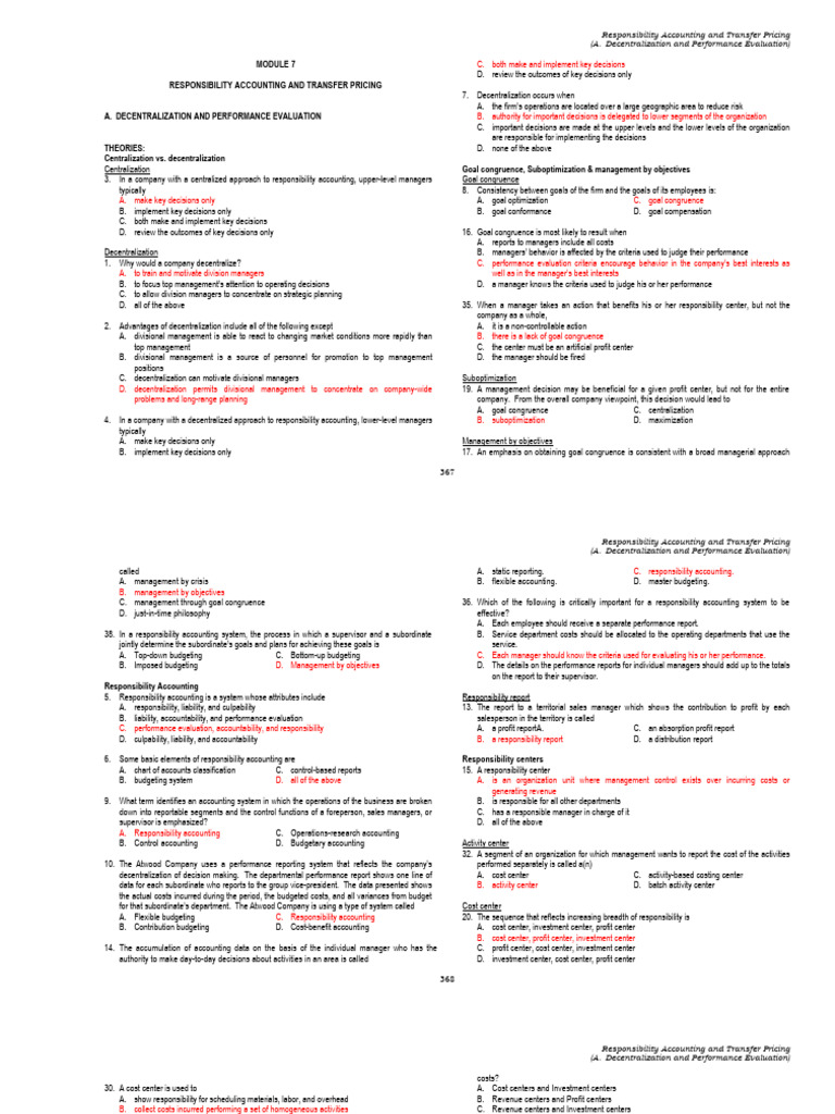Responsibility Accounting and Transfer Pricing (A. Decentralization and ...