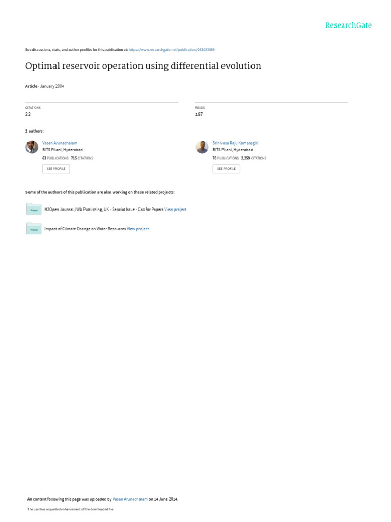 Optimal Reservoir Operation Using Differential Evo | PDF | Mathematical Optimization | Genetic ...