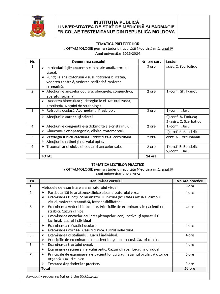 Tematica Prelegerilor Lectiilor Practice 2023-2024 Medicina RO - 0 | PDF