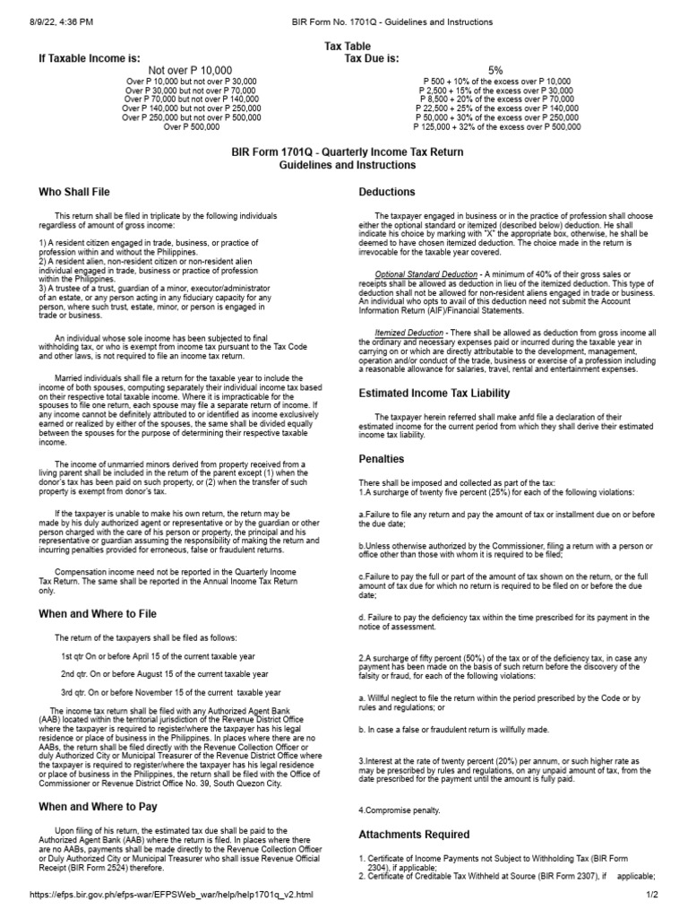 BIR Form No. 1701Q - Guidelines and Instructions | PDF | Tax Deduction ...