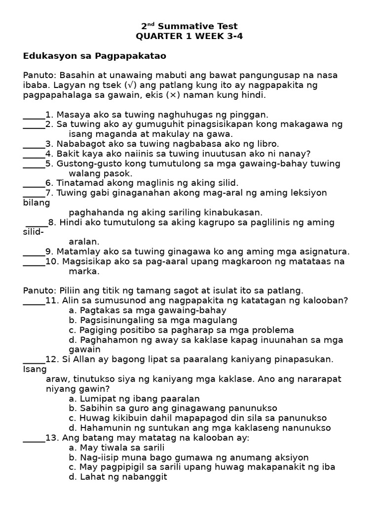 2nd Summative Test Q1 W3-4 | PDF