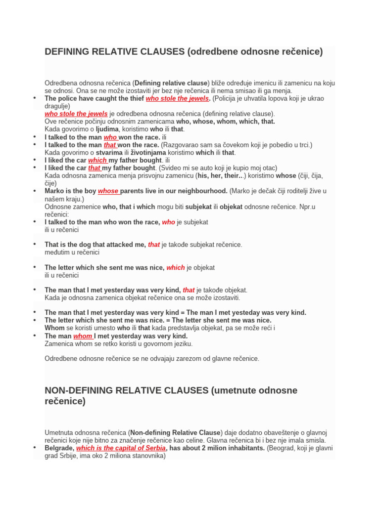 DEFINING RELATIVE CLAUSES Explanation | PDF