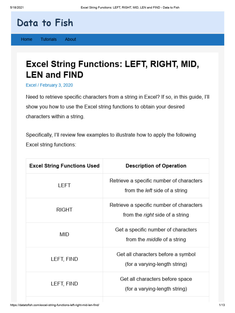 Excel String Functions - LEFT, RIGHT, MID, LEN and FIND - Data To Fish ...