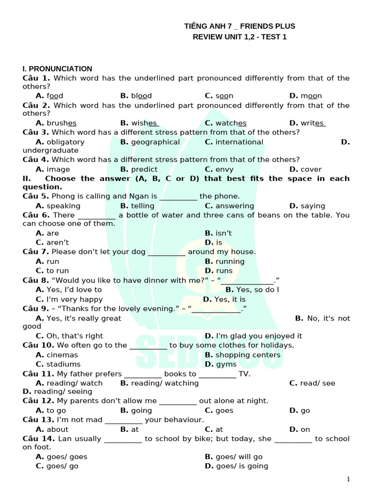 Tieng Anh 7 Friends Plus - Progress Review 1 - Test 1 | PDF