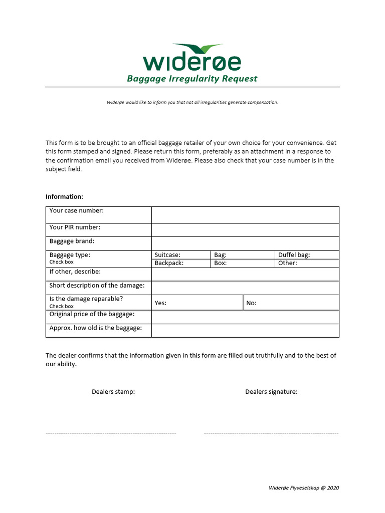 Widerøe Baggage Irregularity Request (ENG) | PDF