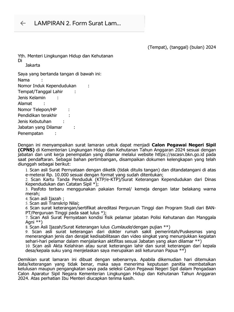 LAMPIRAN 2. Form Surat Lamaran CPNS | PDF