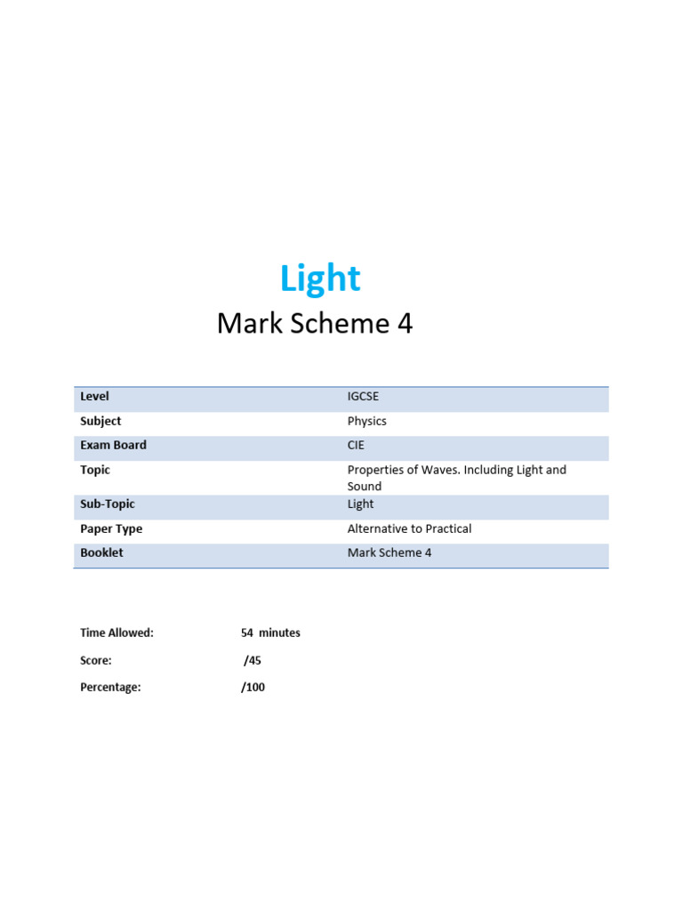 32.4 Light CIE IGCSE Physics Practical MS | PDF